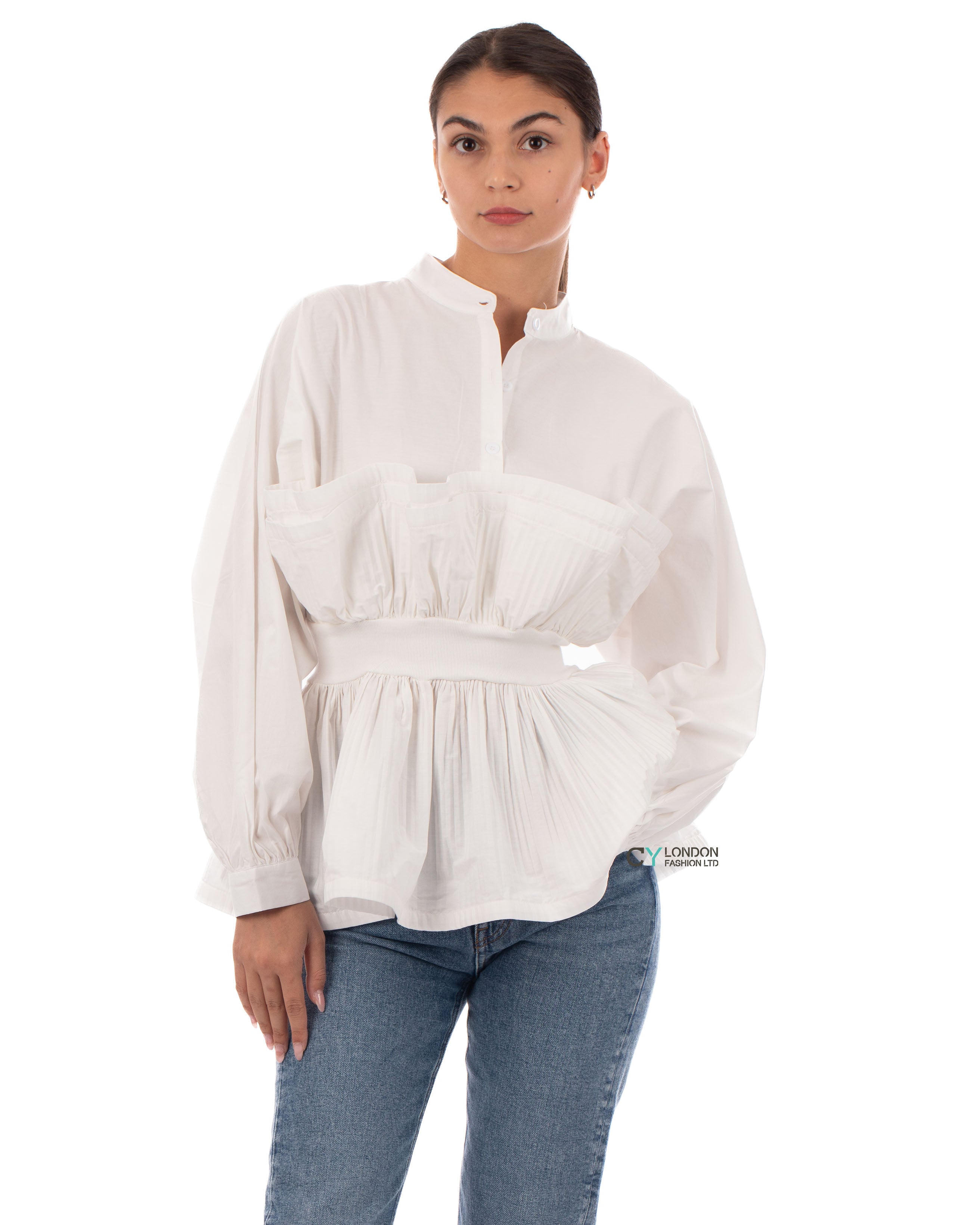 Ruffle design around chest and hem cotton shirt in white – CYLONDON