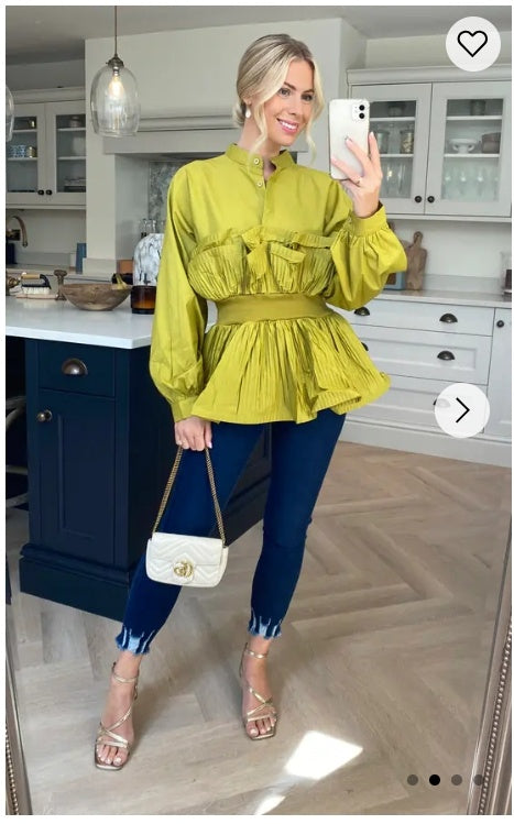 Ruffle design around chest and hem cotton shirt in Green – CYLONDON