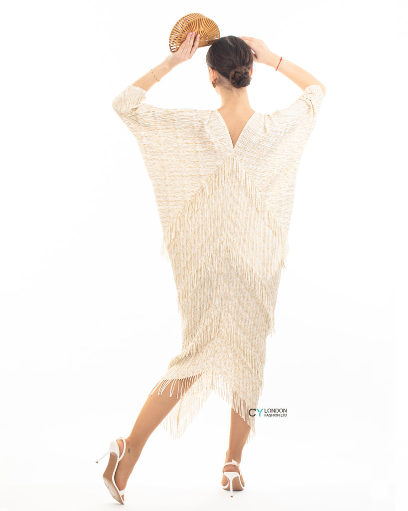 Layers Multi Fringed Tassel Pleated Midi Dress in White – CYLONDON