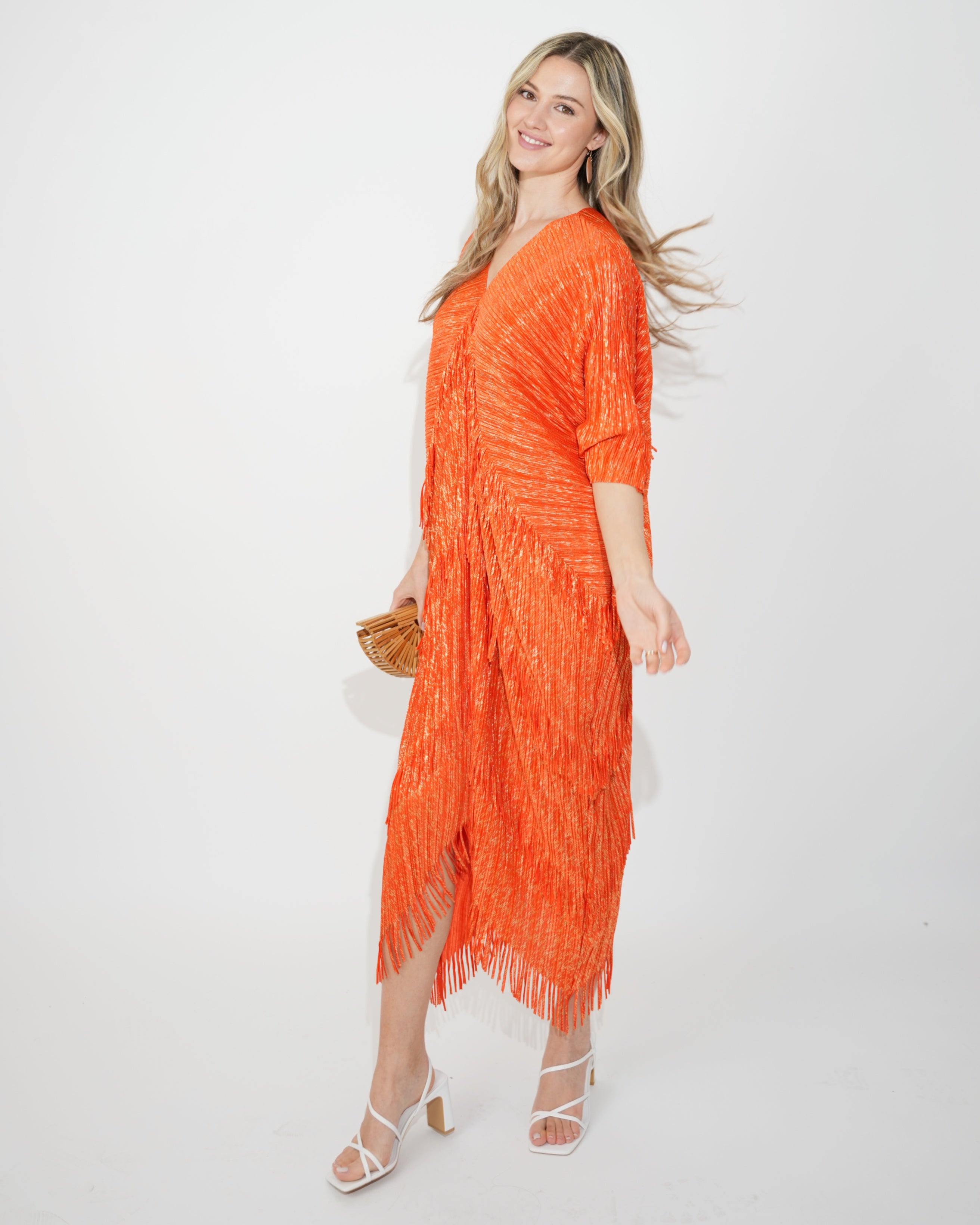 Layers Multi Fringed Tassel Pleated Midi Dress in Orange – CYLONDON