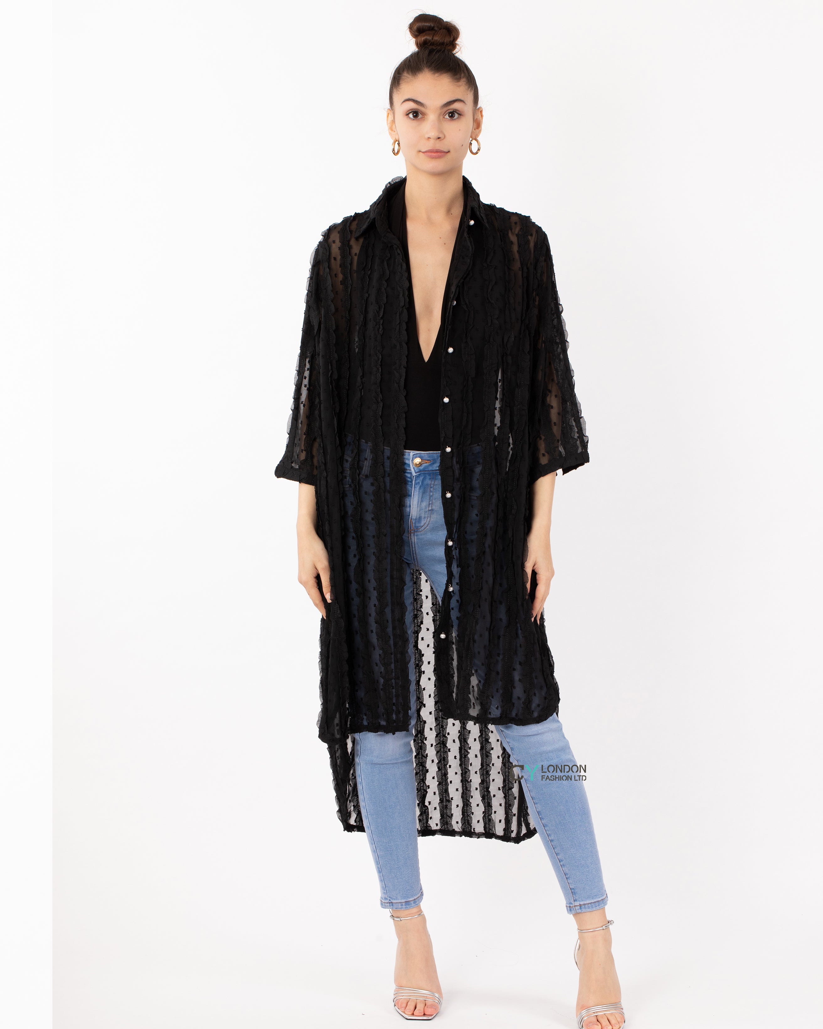 Oversized shirt dress in black with chiffon ruffle stripe design – CYLONDON