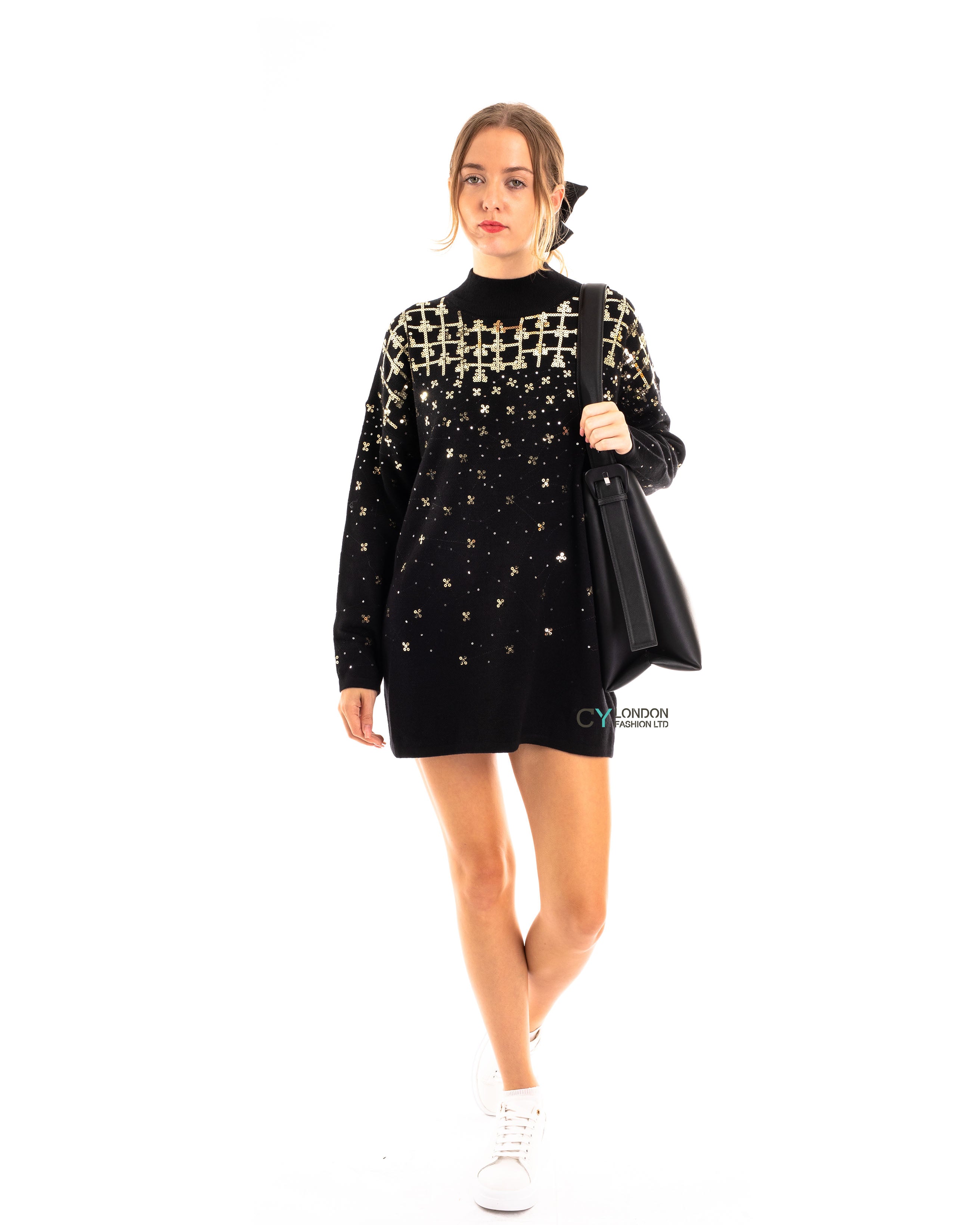 Sequin embellished front and sleeves design jumper dress in black ...